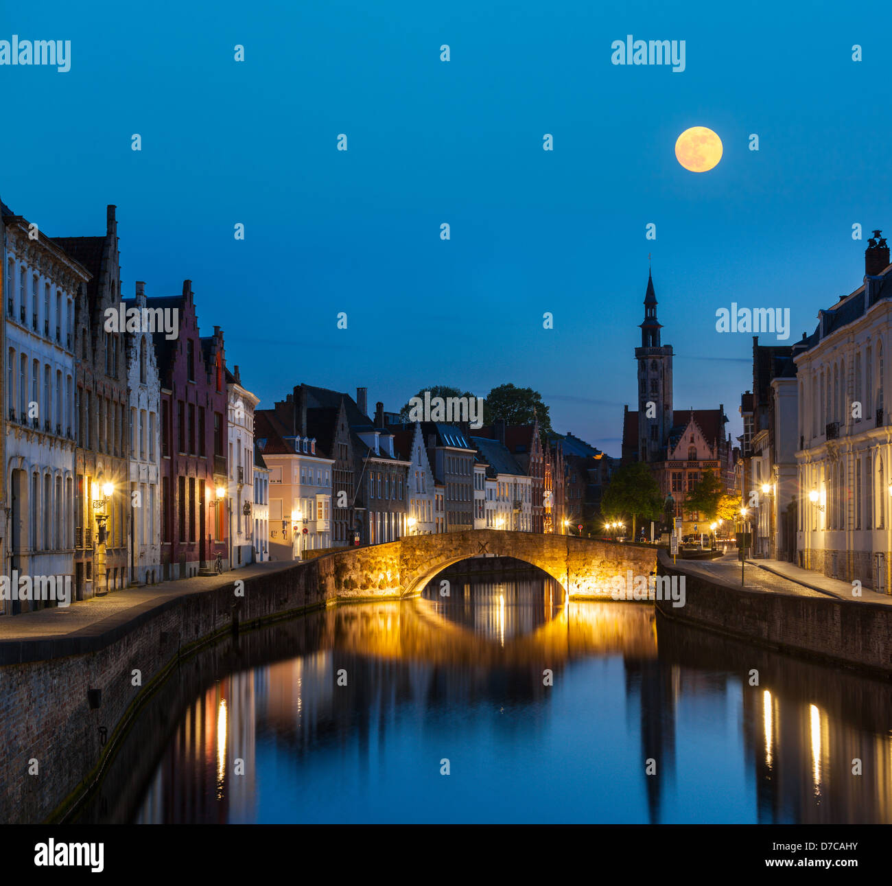 European medieval night city view background - Bruges (Brugge) canal in ...
