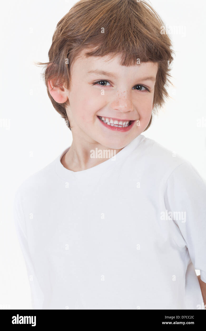 White background studio photograph of young happy boy smiling Stock ...