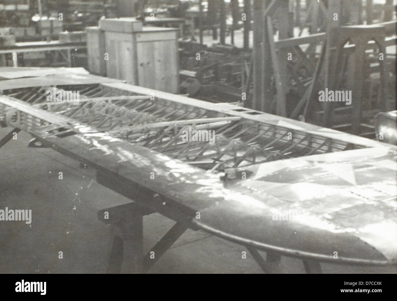 A photograph showing the detailed process of wing construction for an ...