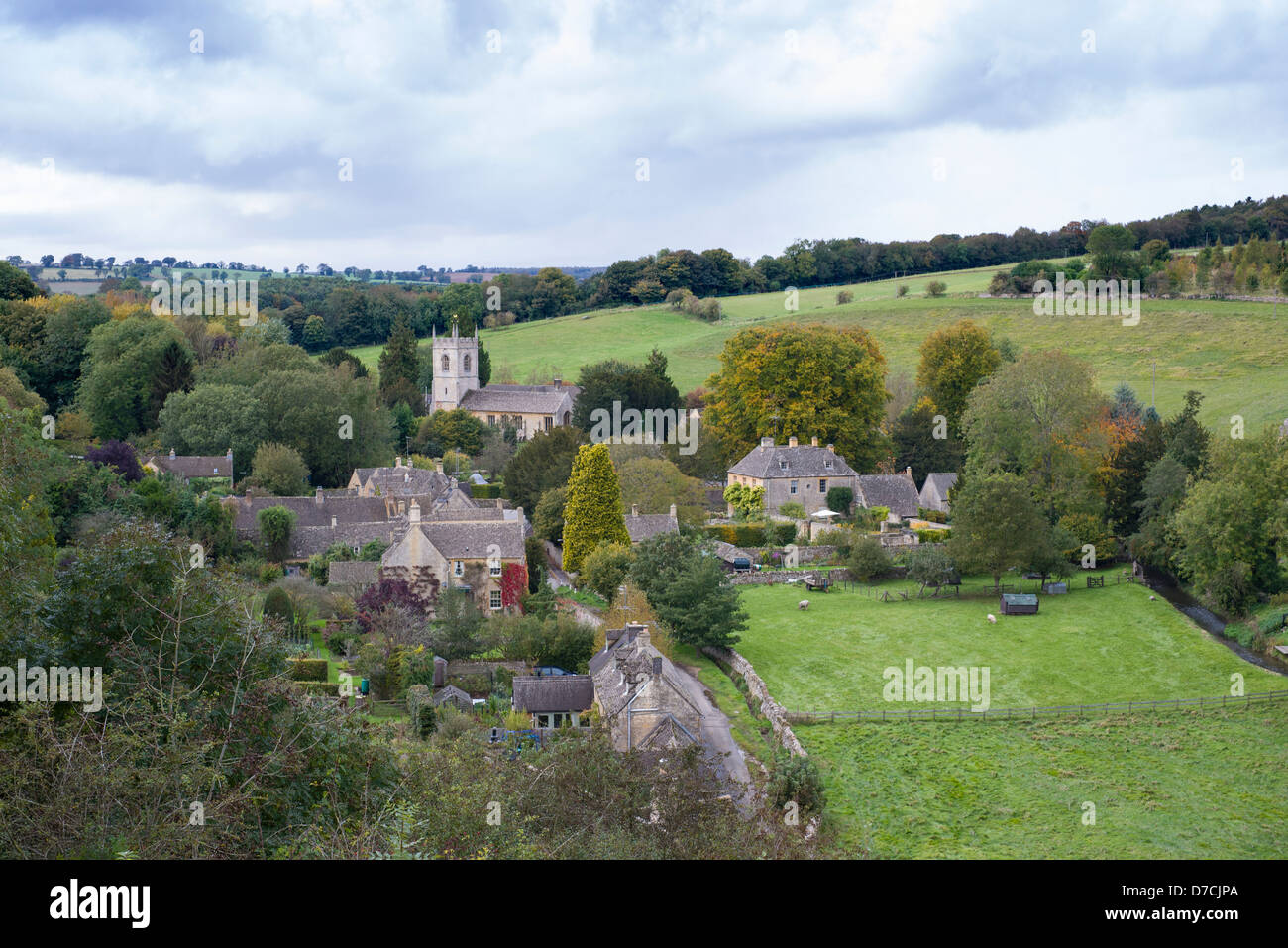 View of the Cotswold Village of Naunton, showing the village church of ...