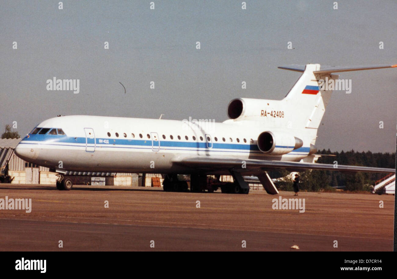 A photograph of a Yakovlev Yak-42 aircraft, with the aircraft ...