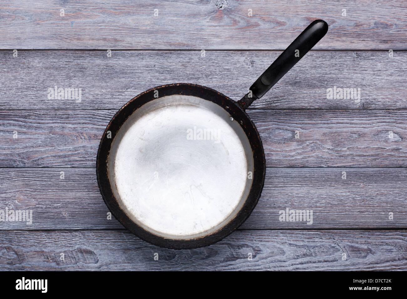 Old vintage frying pan on white wooden table. Kitchen concept Stock ...