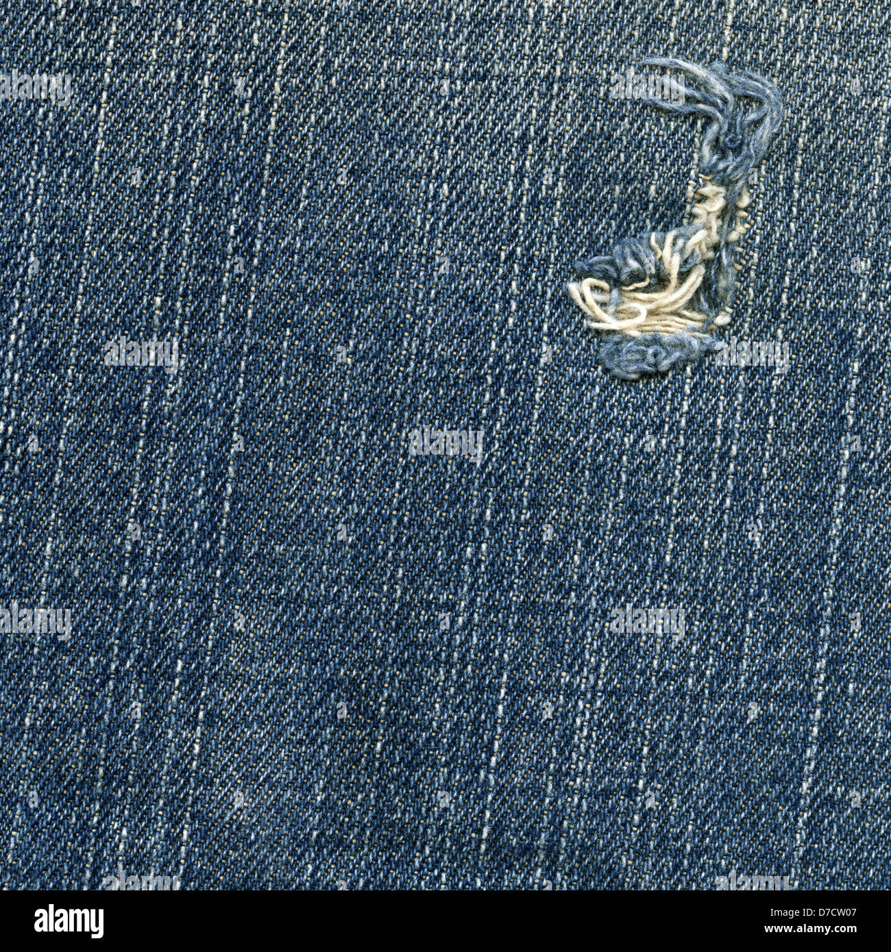 High resolution scan blue denim fabric large rip general worn-out look ...