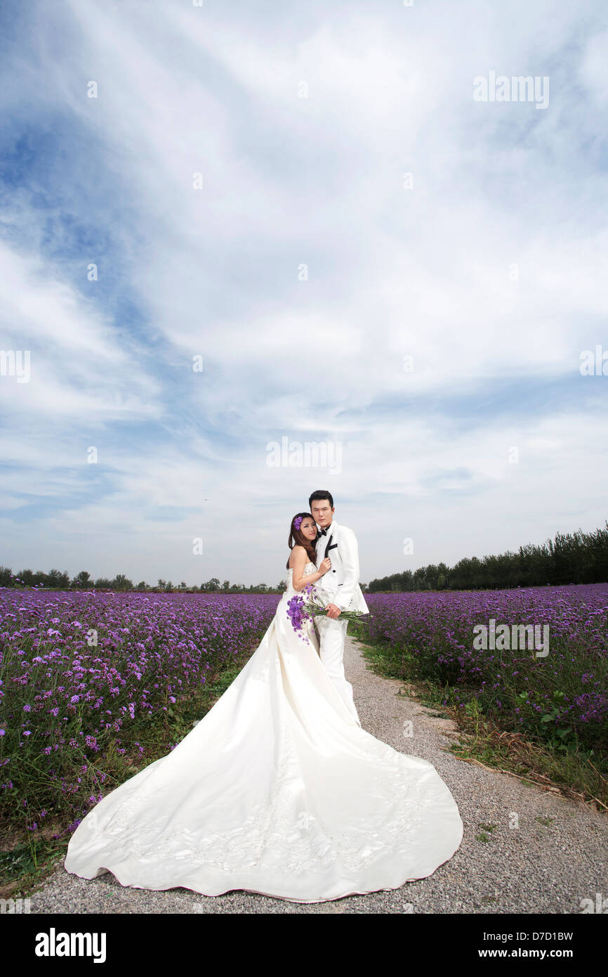 Romantic Lavender wedding couple Stock Photo - Alamy