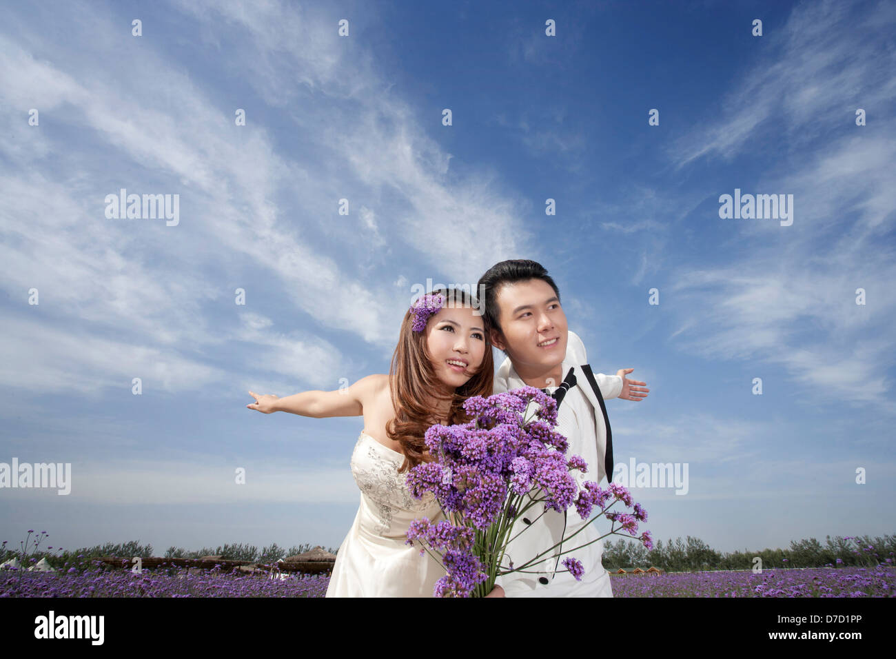 Romantic Lavender wedding couple Stock Photo - Alamy