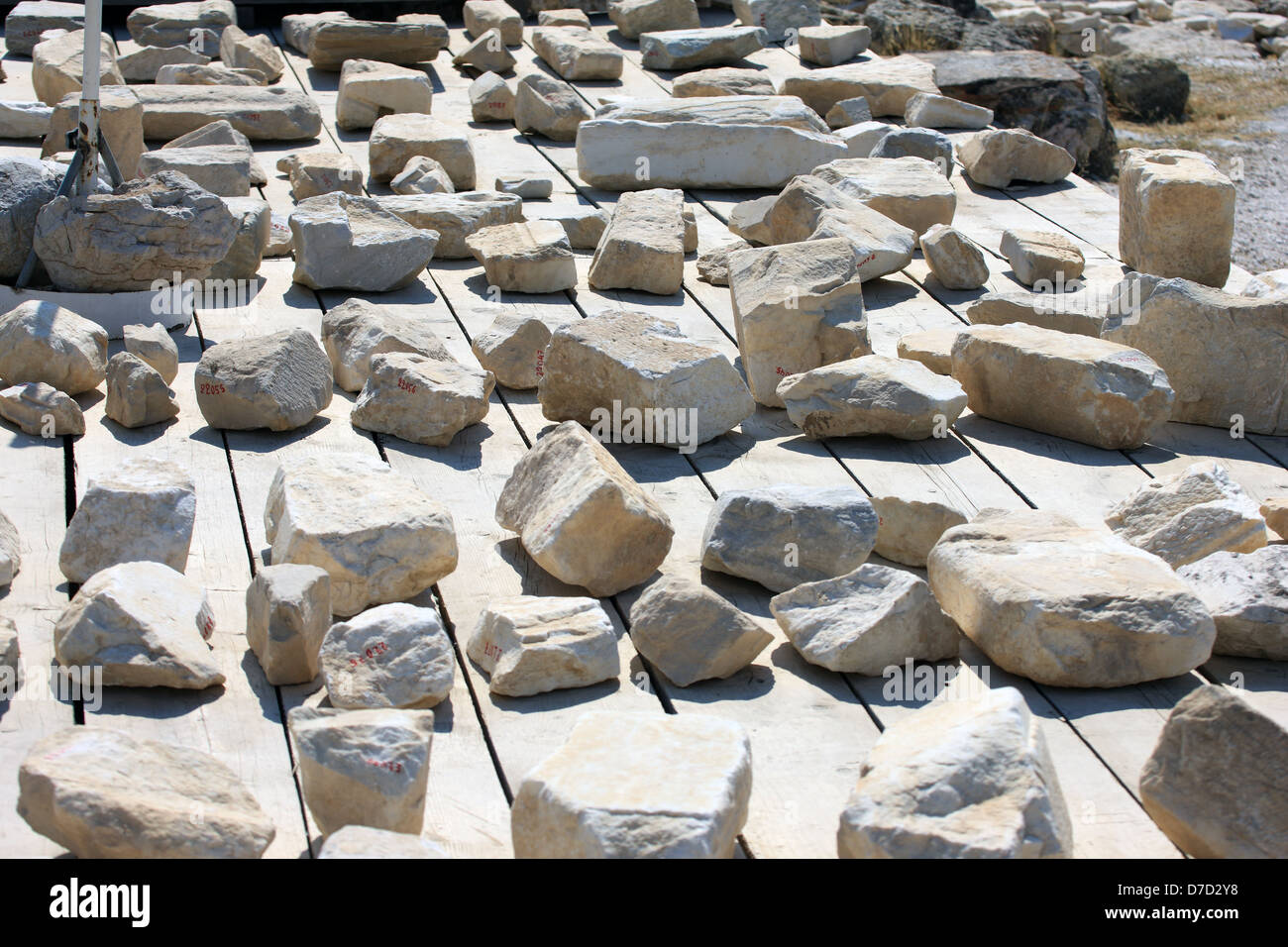 Pieces of marble numbered and laid out at the Acropolis in Athens Stock ...