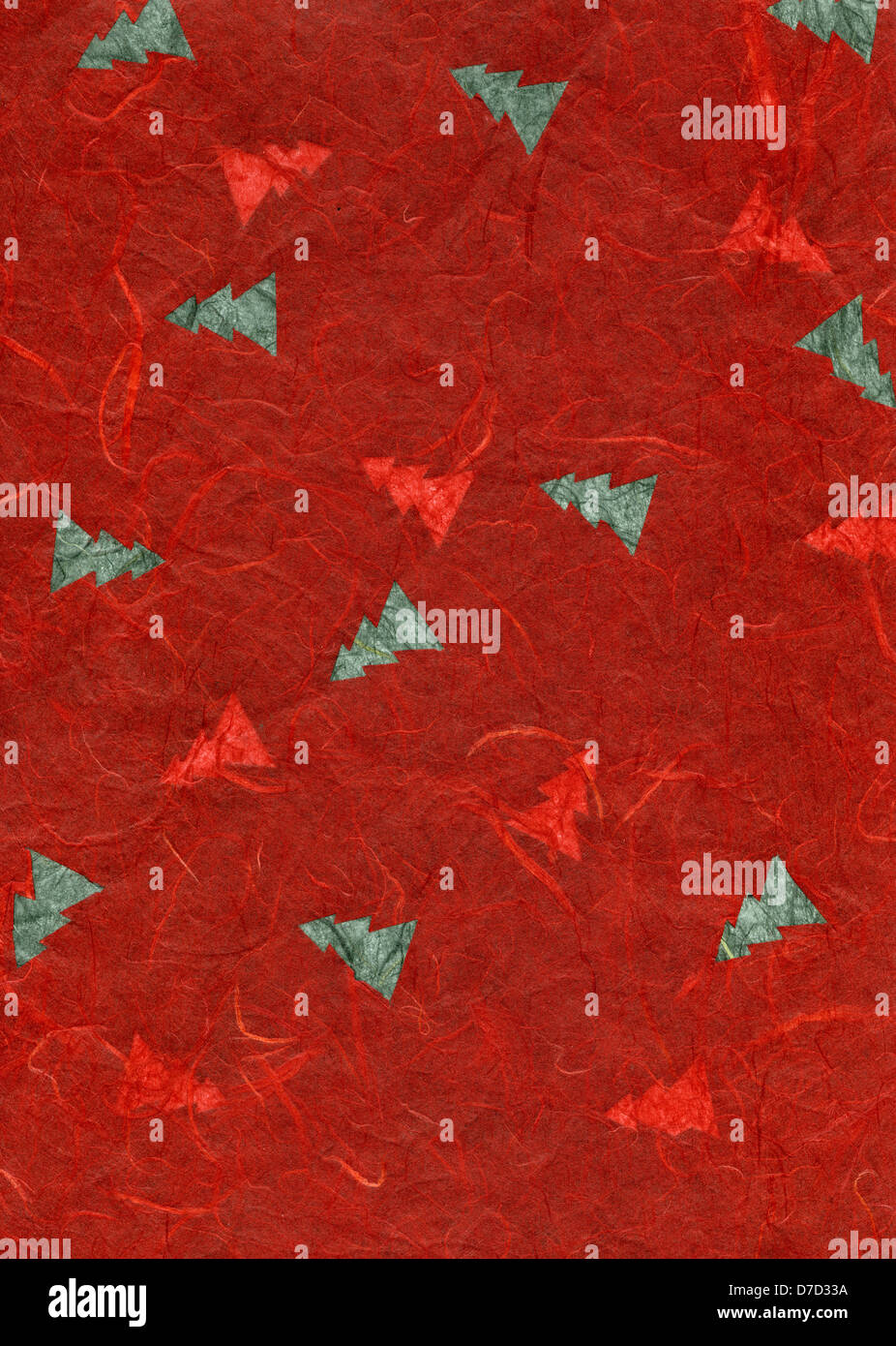 High resolution scan red rice paper pattern green pine trees decorating ...
