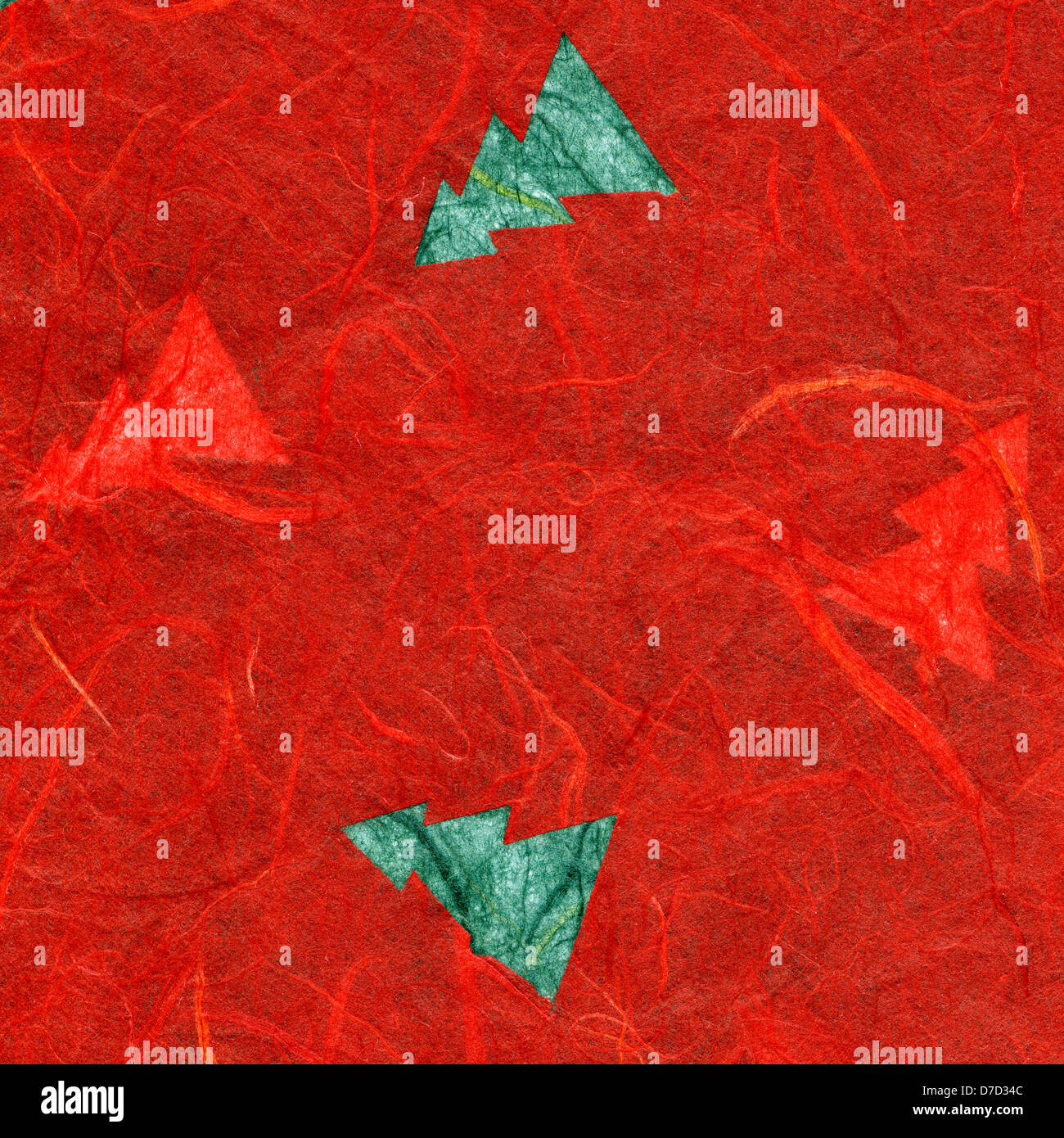 High resolution scan red rice paper pattern green pine trees decorating ...