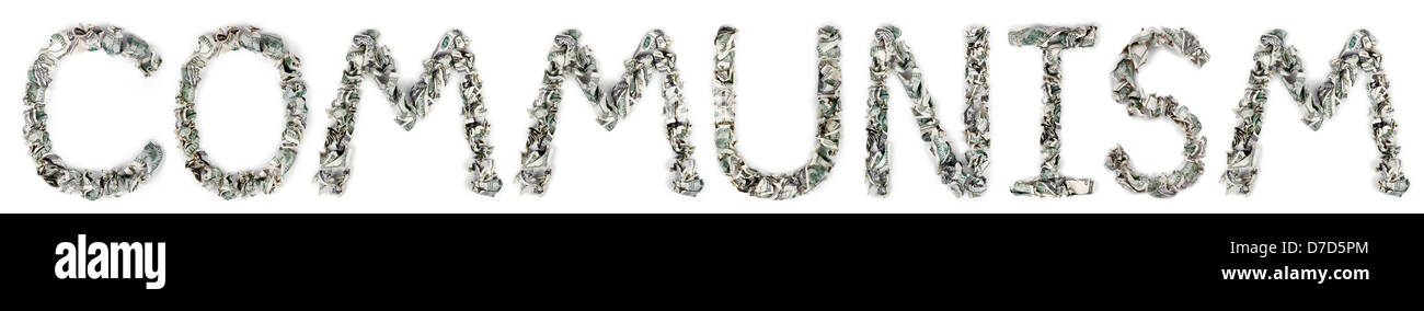 The word 'communism', made out of crimped 100$ bills. Isolated on white ...