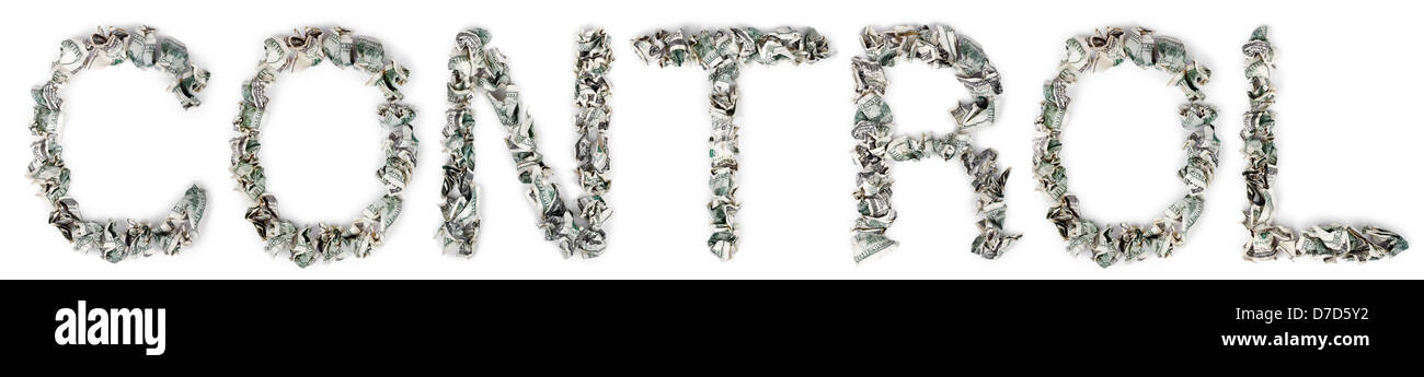 The word 'control', made out of crimped 100$ bills. Isolated on white ...