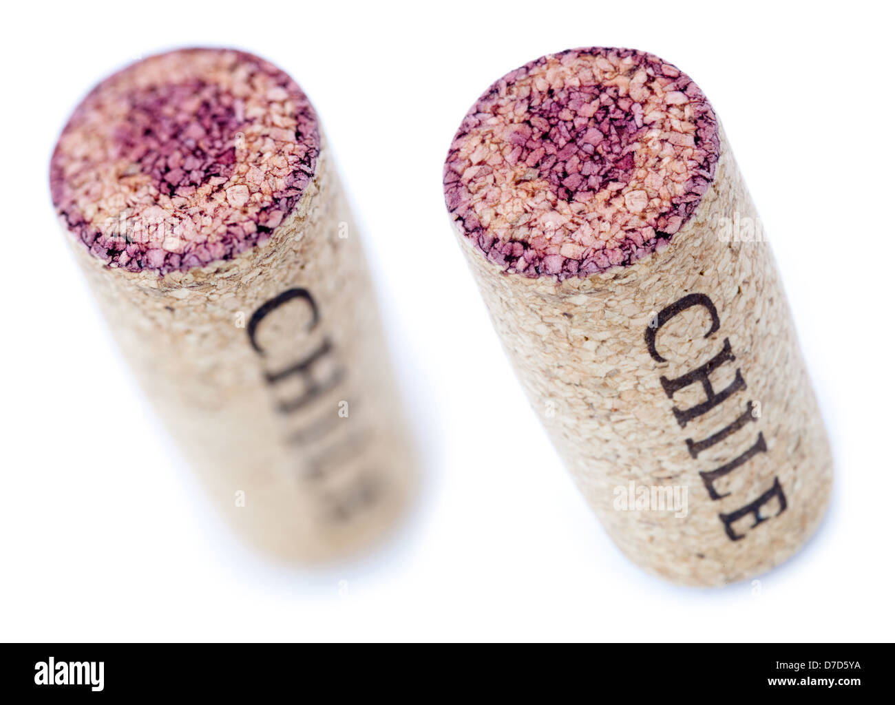 A red wine stained cork 'Chile' written on it isolated on white ...