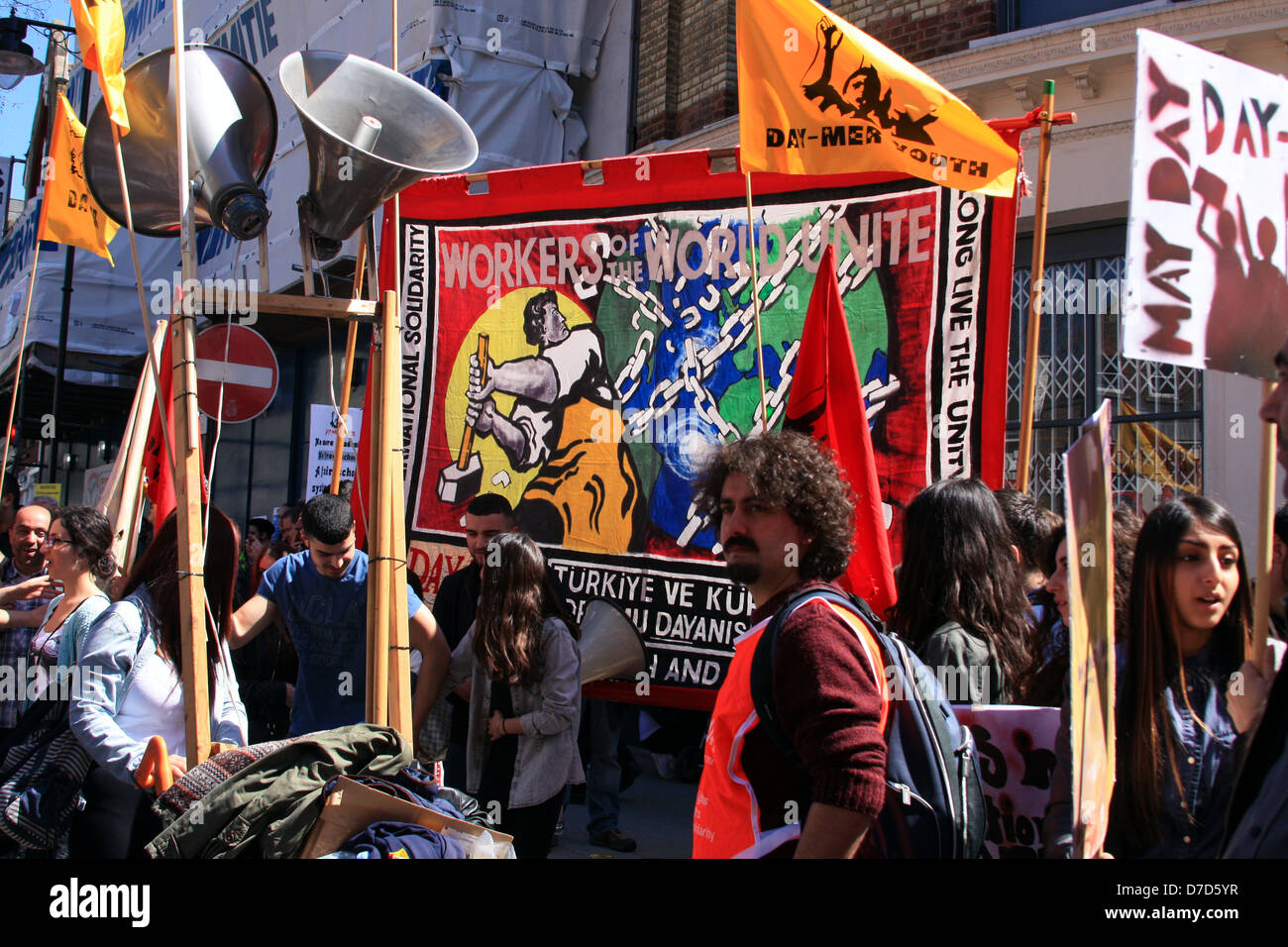 May day rally London, 2013. People gather at Clerkenwell Green to ...