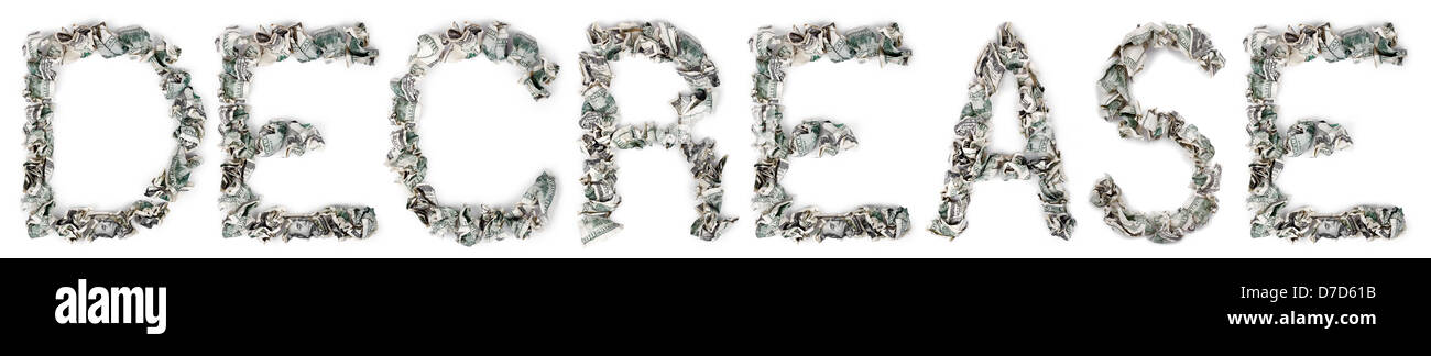 The word 'decrease', made out of crimped 100$ bills. Isolated on white ...