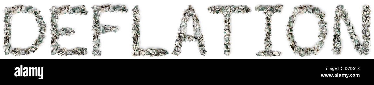 The word 'deflation', made out of crimped 100$ bills. Isolated on white ...