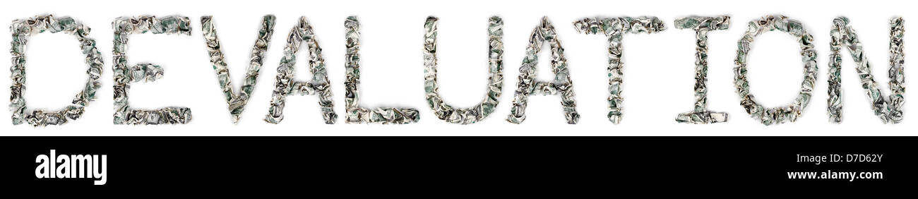 The word 'devaluation', made out of crimped 100$ bills. Isolated on ...