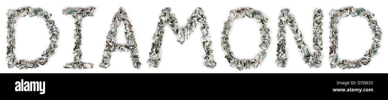 The word 'diamond', made out of crimped 100$ bills. Isolated on white ...