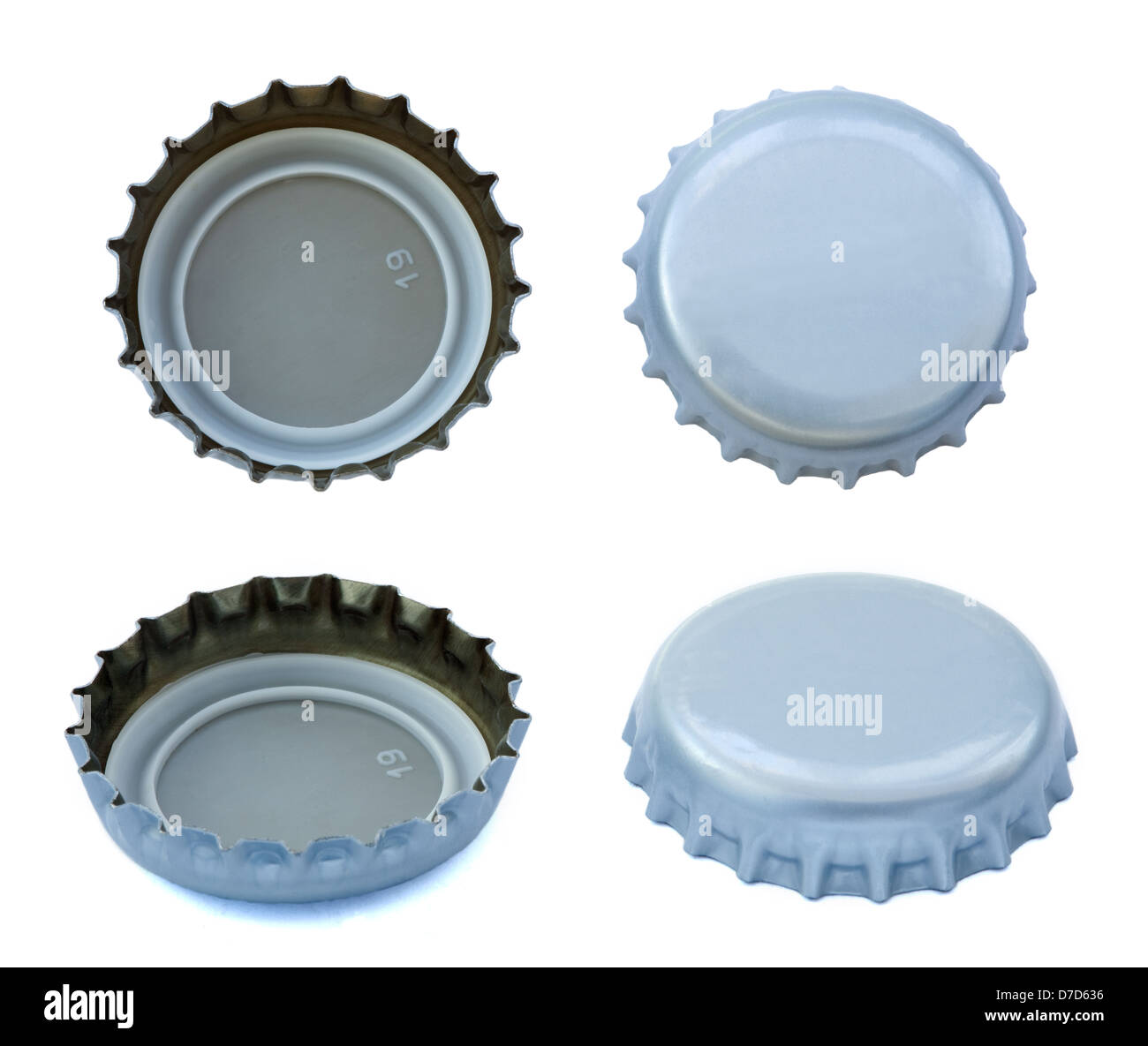 Four angles of silver colored metal caps, used for glass soda bottles ...