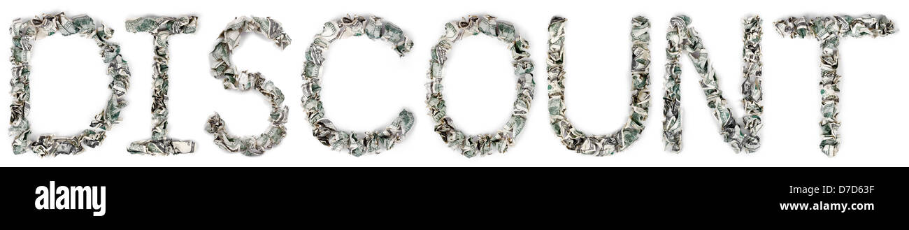 The word 'discount', made out of crimped 100$ bills. Isolated on white ...