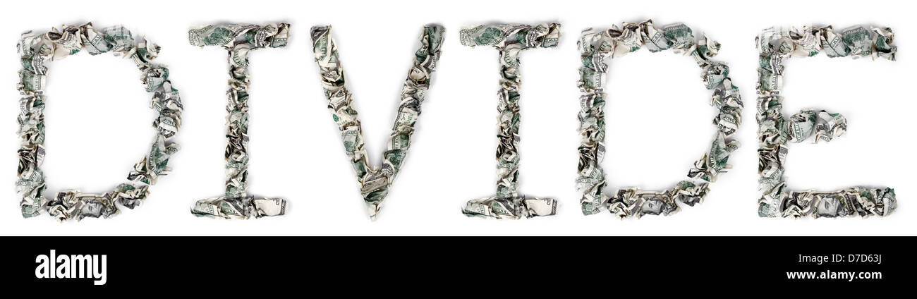 The word 'divide', made out of crimped 100$ bills. Isolated on white ...