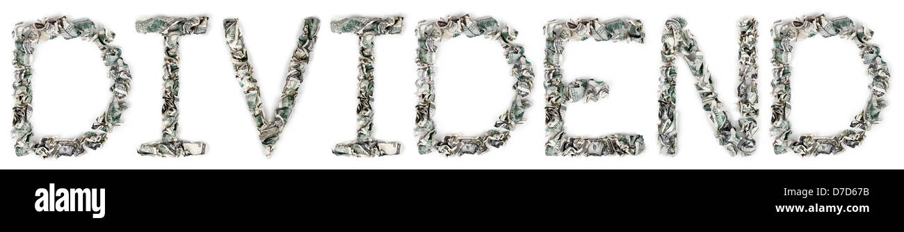 The word 'dividend', made out of crimped 100$ bills. Isolated on white ...