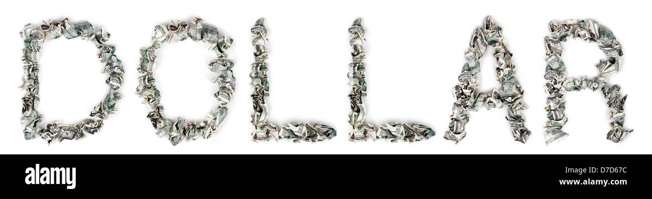 The word 'dollar', made out of crimped 100$ bills. Isolated on white ...