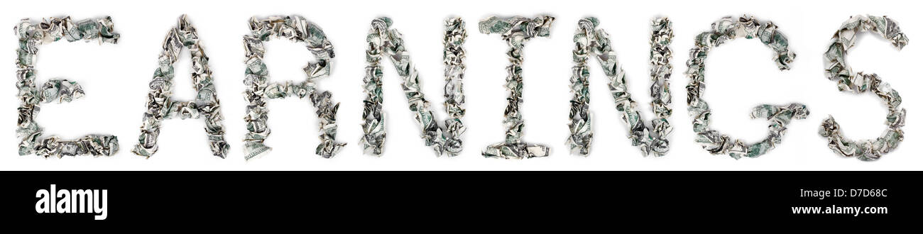 The word 'earn', made out of crimped 100$ bills. Isolated on white ...