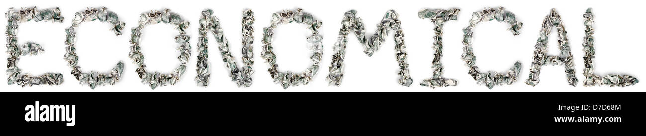 The word 'economical', made out of crimped 100$ bills. Isolated on ...
