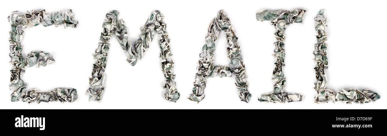 The word 'Email', made out of crimped 100$ bills. Isolated on white ...
