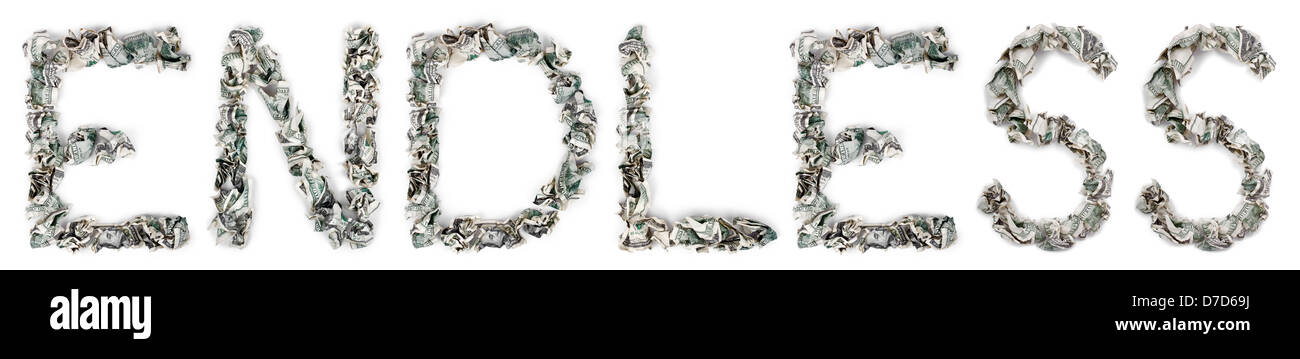 The word 'endless', made out of crimped 100$ bills. Isolated on white ...