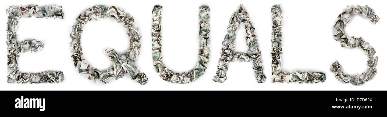 The word 'equals', made out of crimped 100$ bills. Isolated on white ...