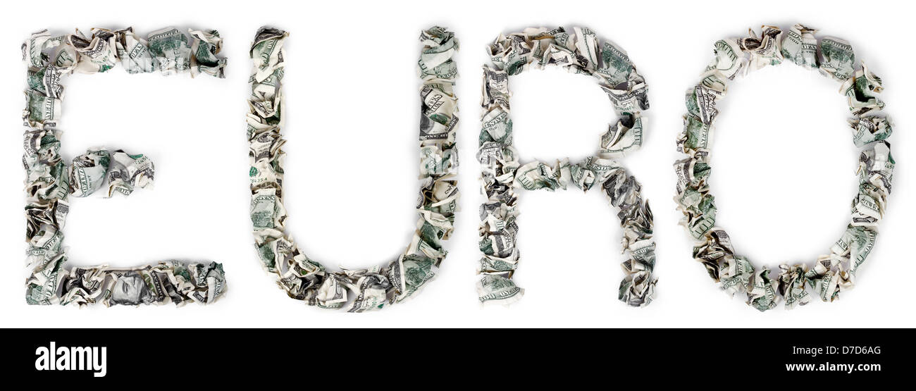 The word 'euro', made out of crimped 100$ bills. Isolated on white ...