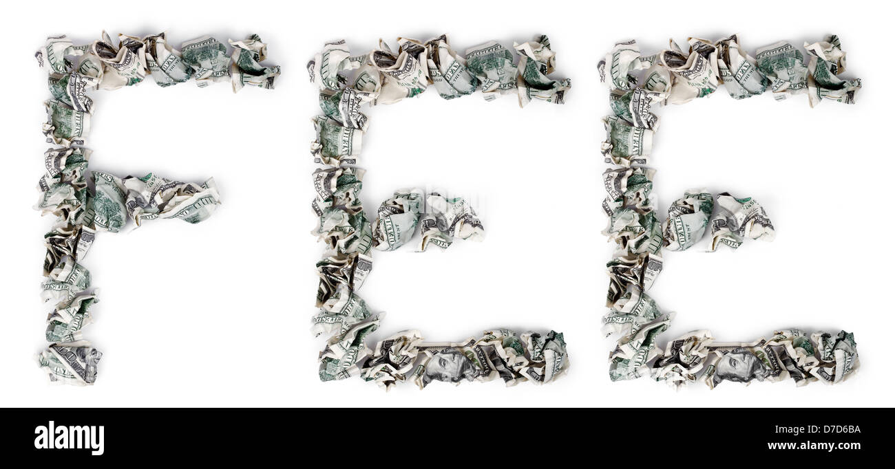 The word 'fee', made out of crimped 100$ bills. Isolated on white ...
