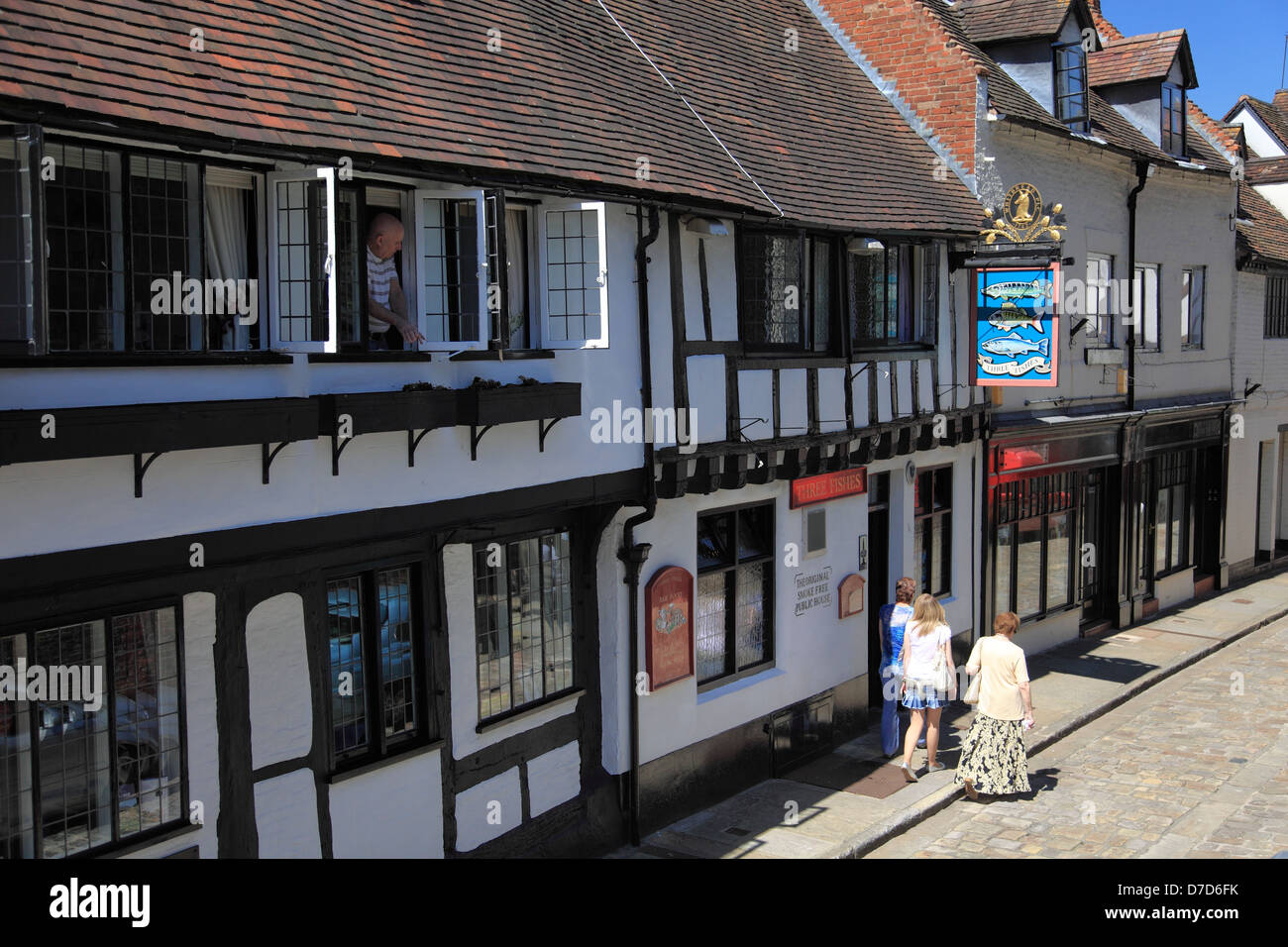 Fish Street, Shrewsbury, a medieval street with the Three Fishes Pub ...