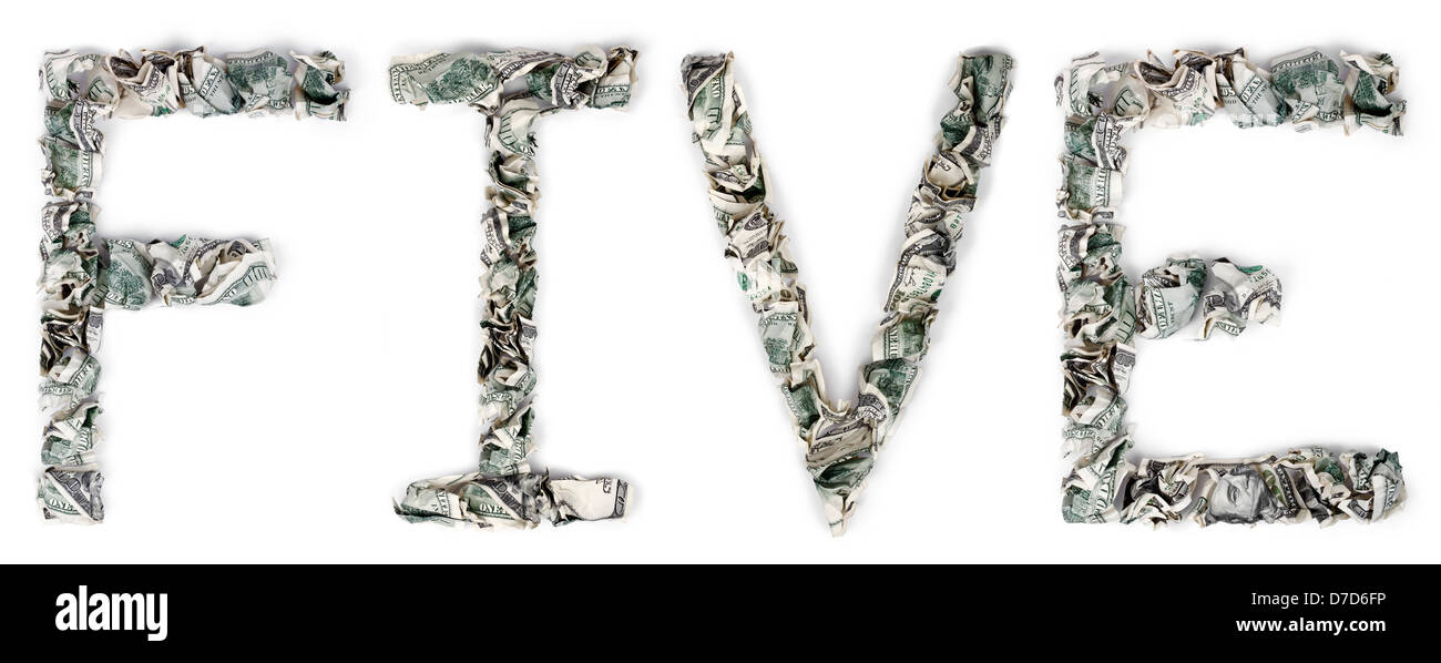 The word 'five', made out of crimped 100$ bills. Isolated on white ...