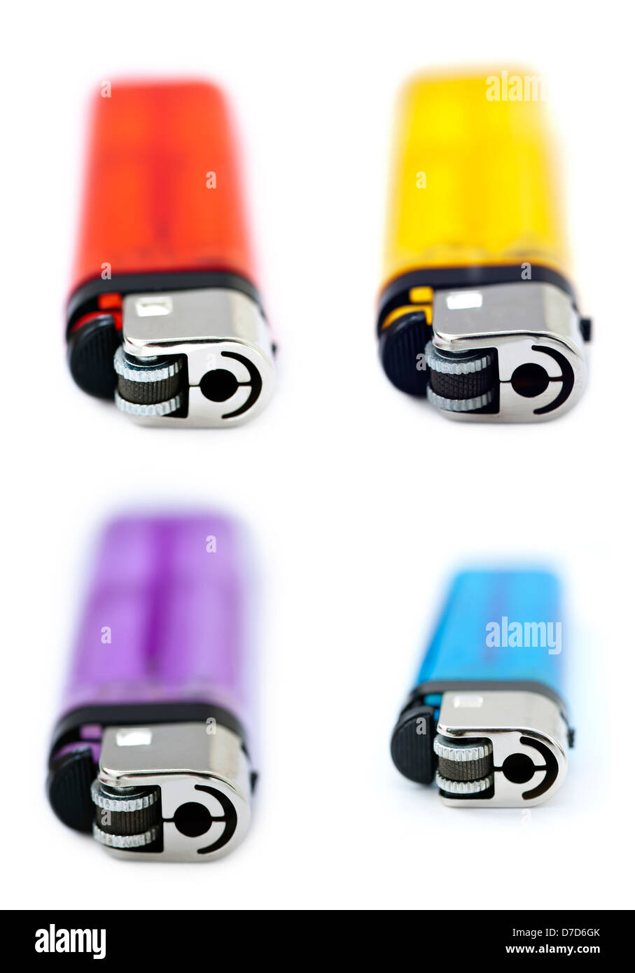 Four half-transparent simple lighters - red, yellow/orange, purple and ...