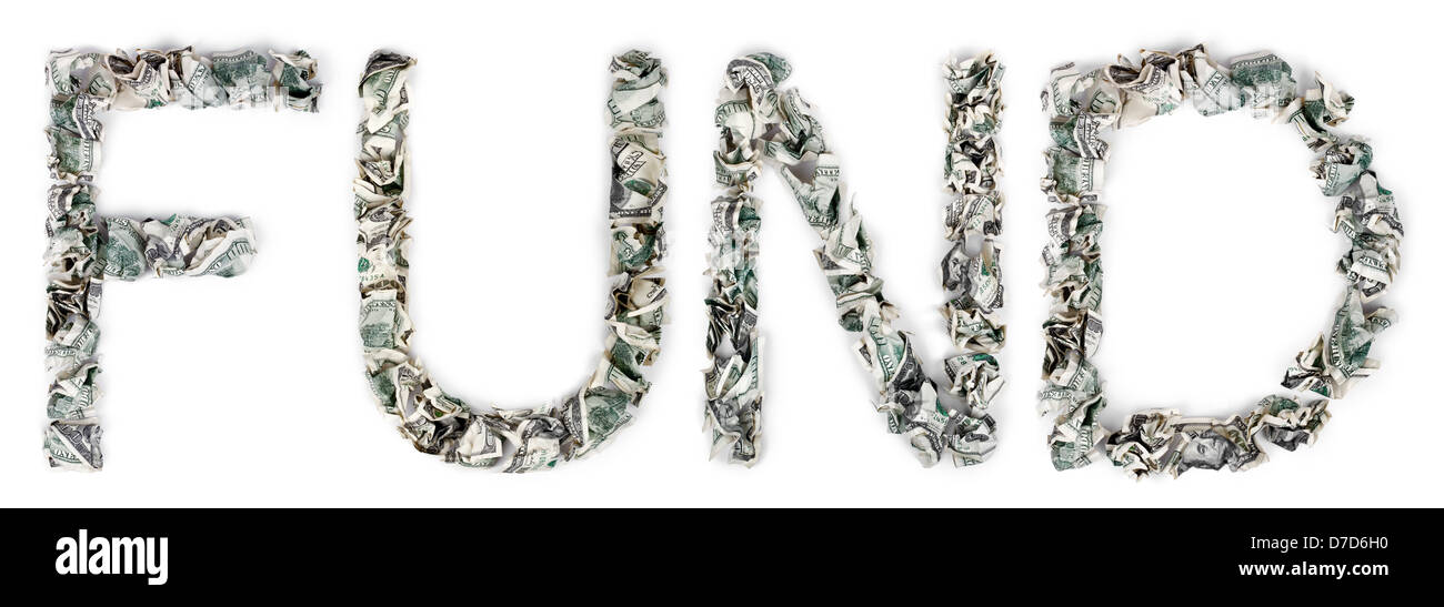 The word 'fund', made out of crimped 100$ bills. Isolated on white ...