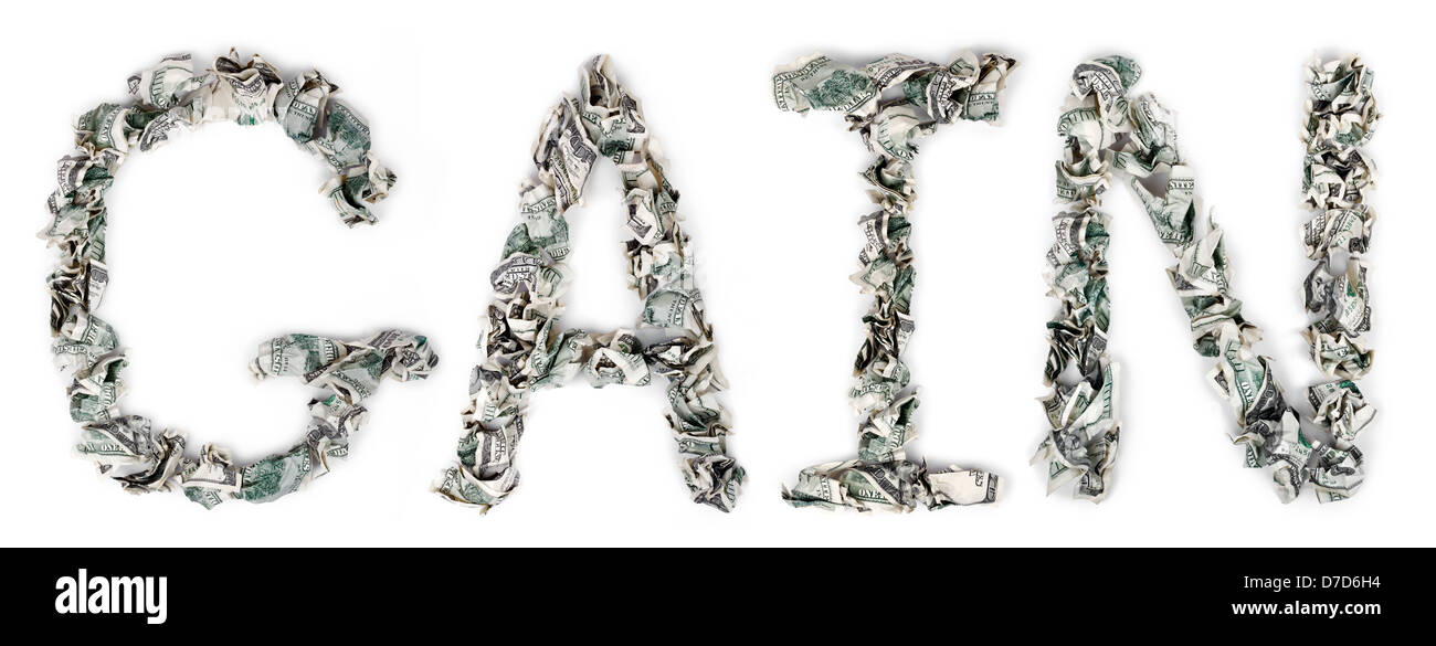 The word 'gain', made out of crimped 100$ bills. Isolated on white ...