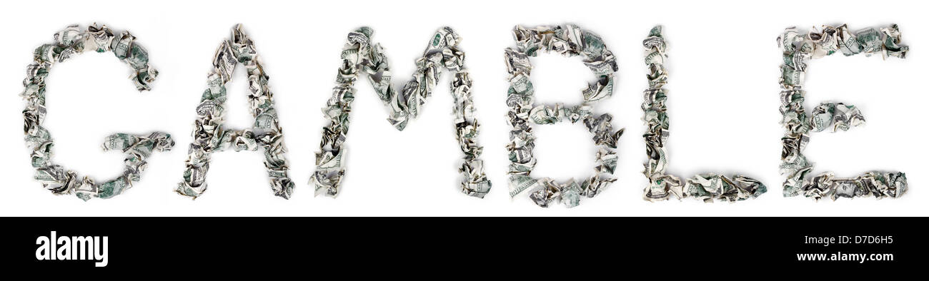 The word 'gamble', made out of crimped 100$ bills. Isolated on white ...