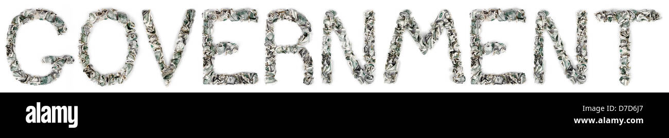 The word 'government', made out of crimped 100$ bills. Isolated on ...