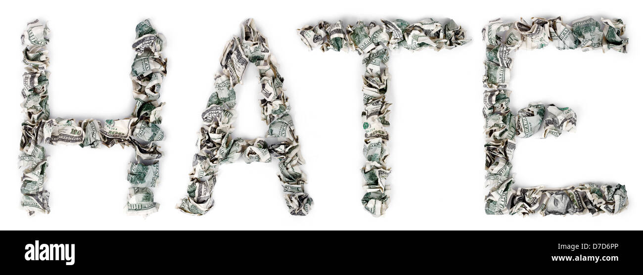 The word 'hate', made out of crimped 100$ bills. Isolated on white ...