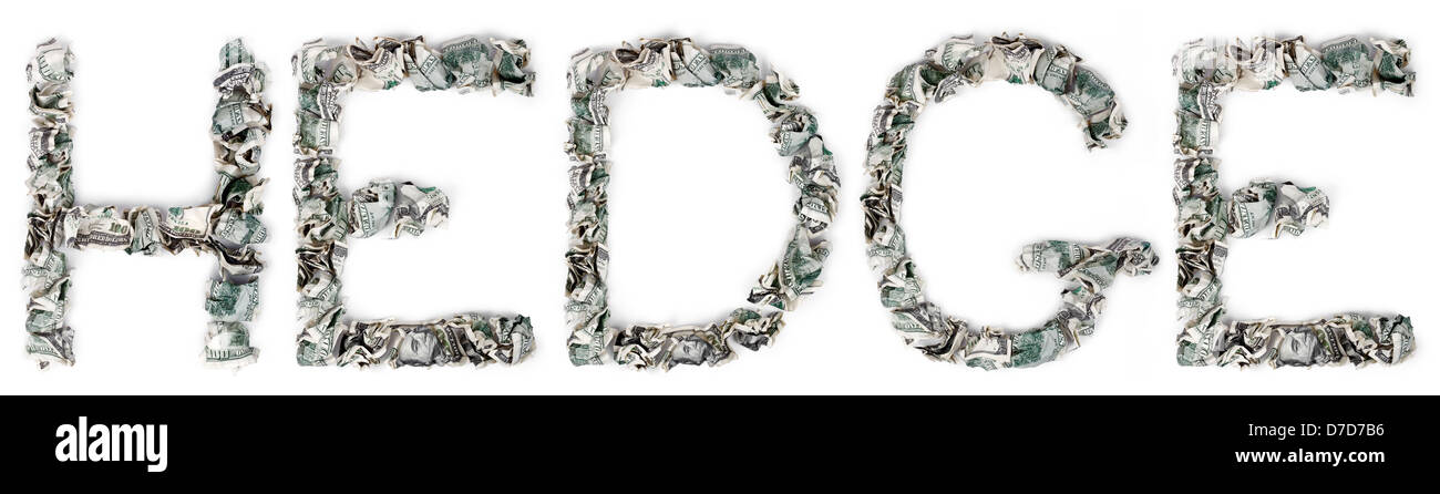 The word 'hedge', made out of crimped 100$ bills. Isolated on white ...