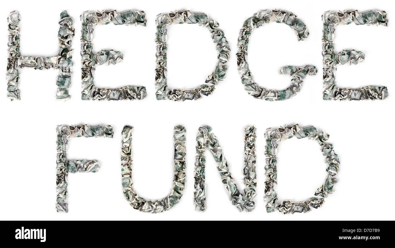 The phrase 'hedge fund', made out of crimped 100$ bills. Isolated on ...