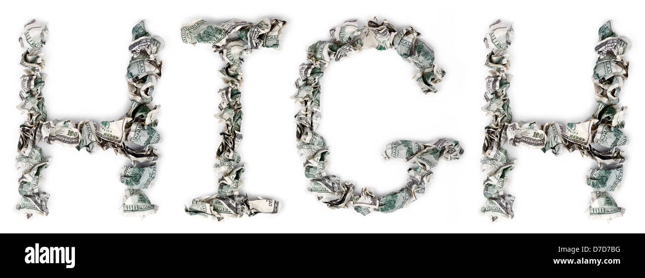 The word 'high', made out of crimped 100$ bills. Isolated on white ...