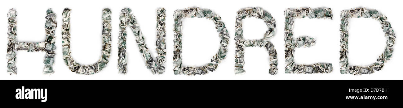 The word 'hundred', made out of crimped 100$ bills. Isolated on white ...