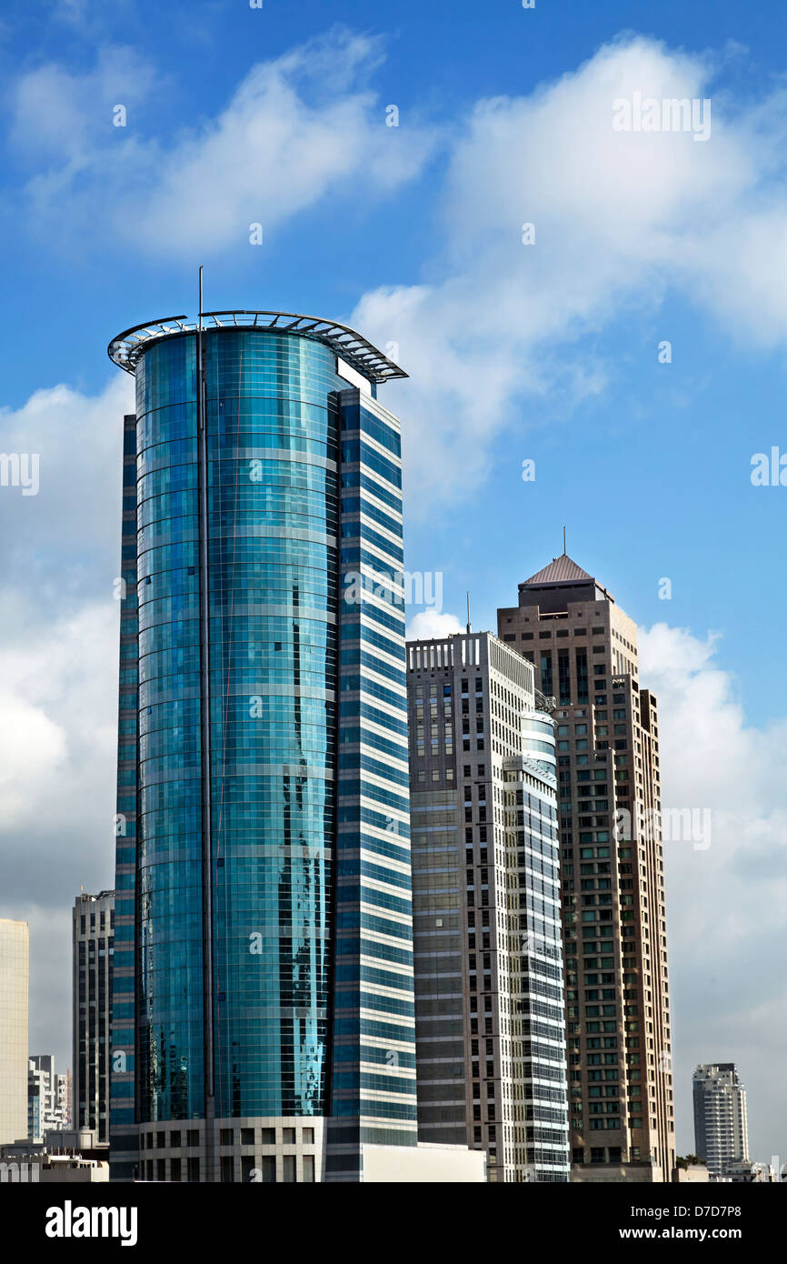 Several skyscrapers and office high-rises in a tight downtown cluster ...