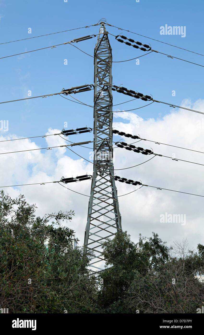 High-Voltage electricity pylon behind some trees on the background of ...