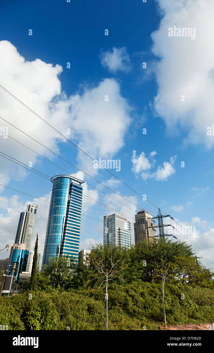 A cluster of skyscrapers and high-rises behind green bushes Stock Photo ...
