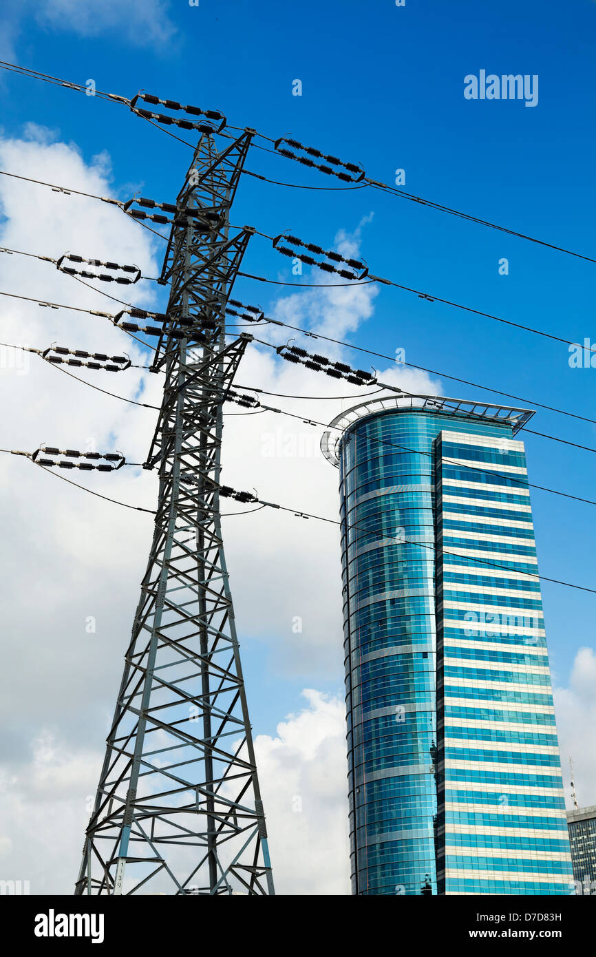 Distorted perspective view of a high-voltage electricity pylon makes it ...