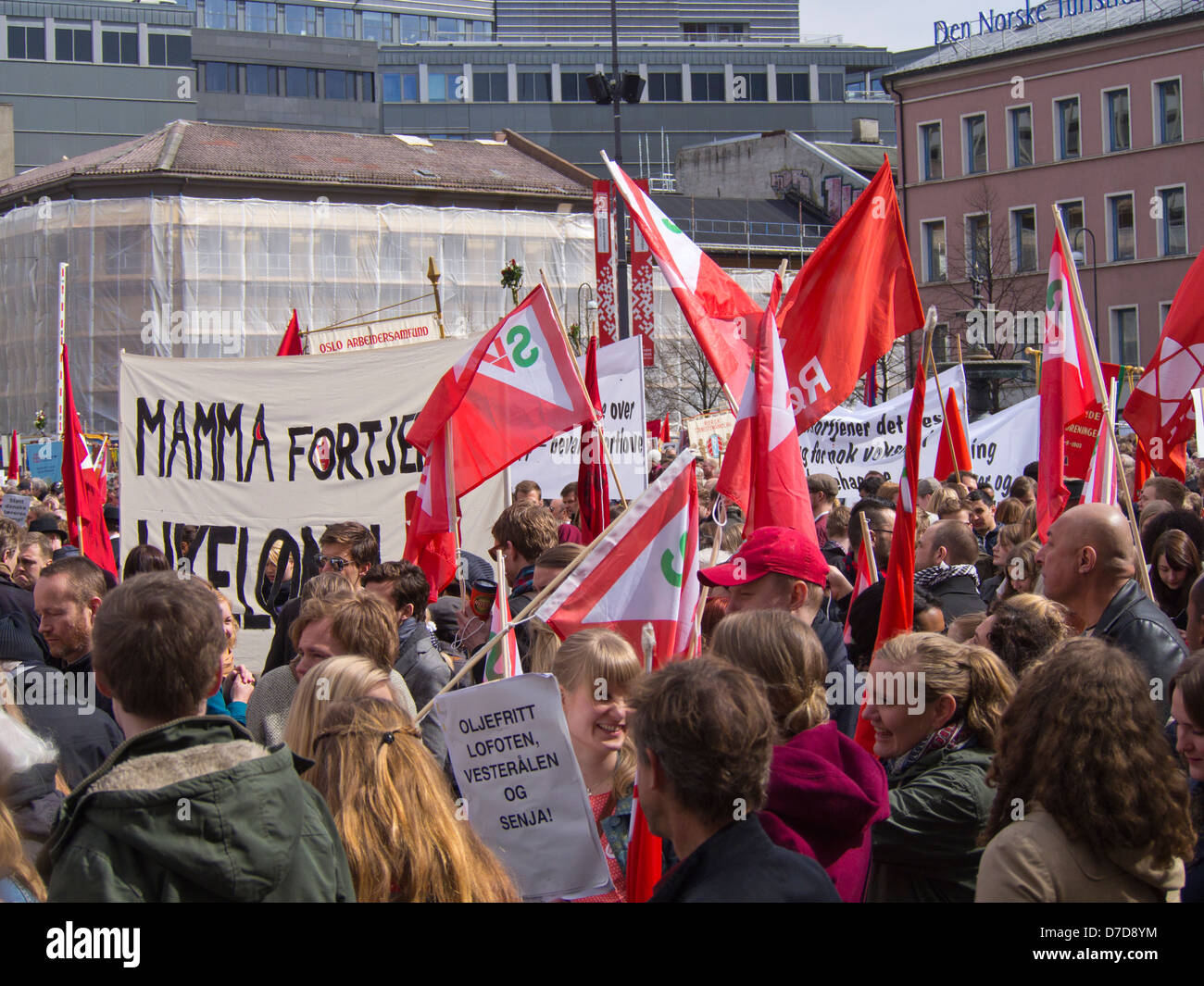 May 1 2013, labour day celebrations in Oslo Norway crowd with banners ...