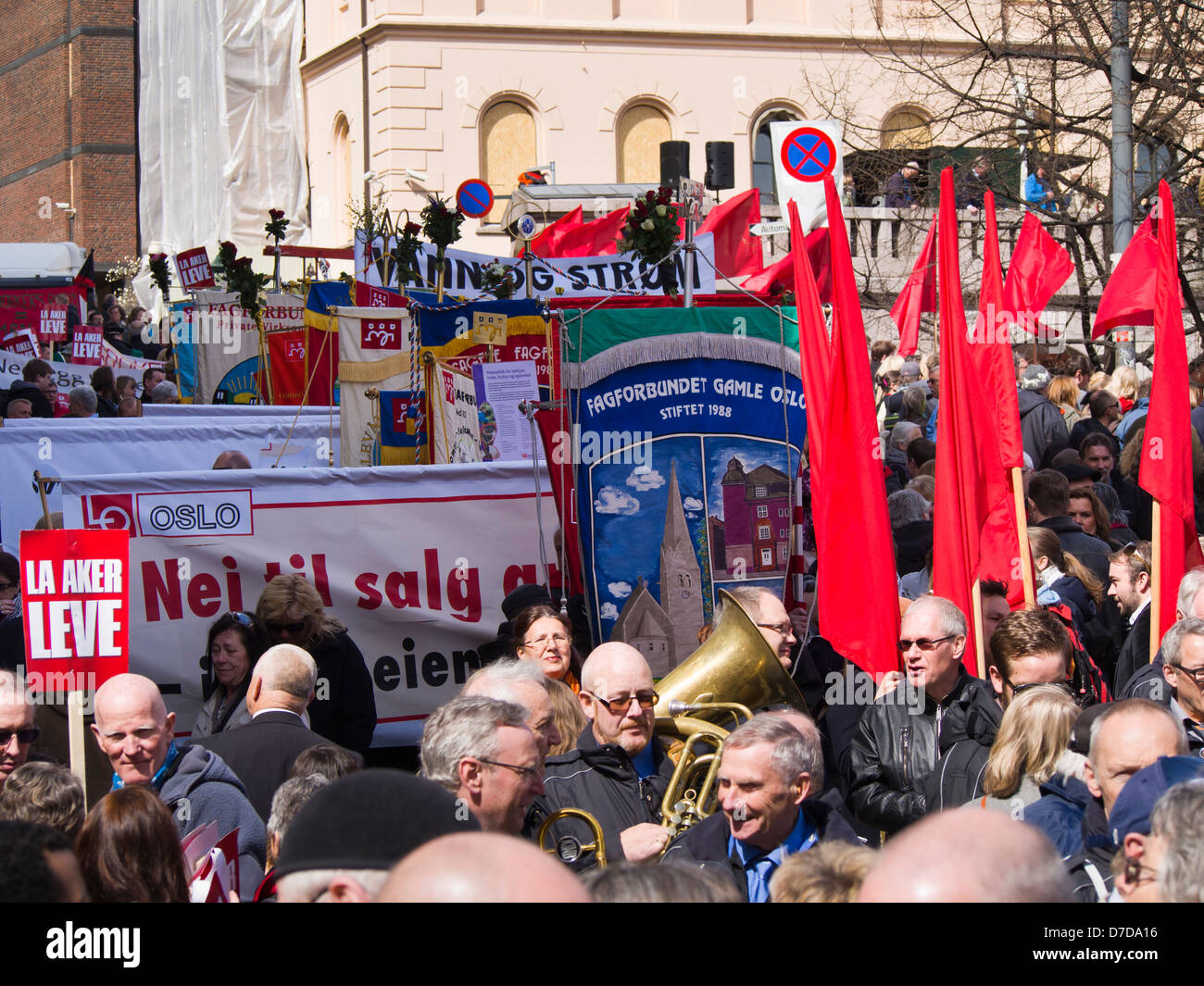 May 1 2013, labour day celebrations in Oslo Norway crowd with banners ...
